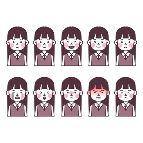 다양한 감정을 표현하는 교복을 입은 여학생 프리미엄 벡터