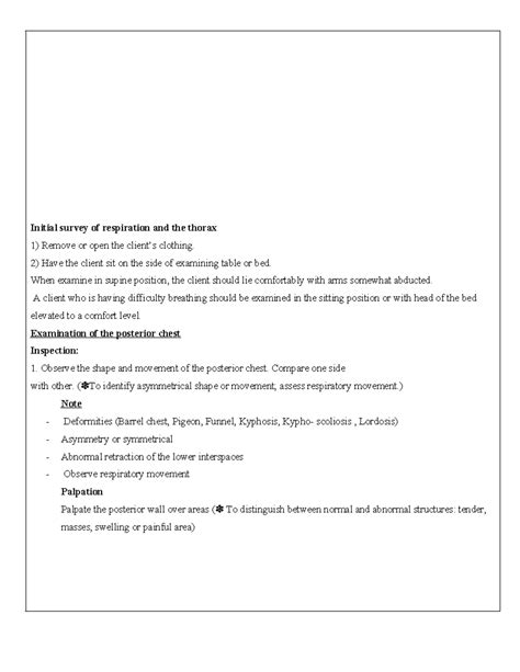 Lung And Thorax Examination Checklist Initial Survey Of Respiration