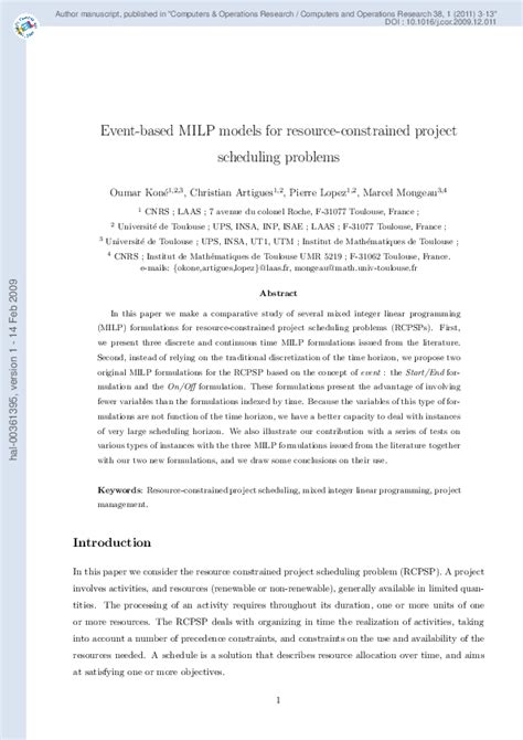 Pdf Event Based Milp Models For Resource Constrained Project