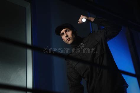 Male Security Guard With Flashlight In Room Stock Image Image Of Prevention Crime