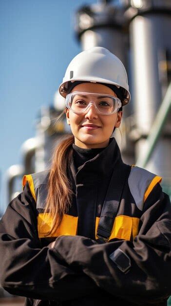 Premium Photo A Smiling Confident Female Engineer At An Oil Refinery