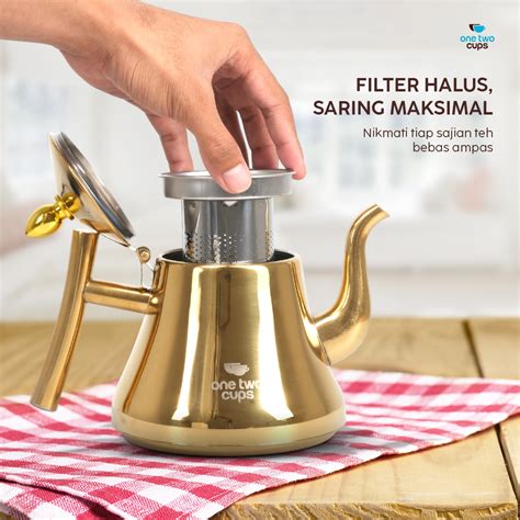 One Two Cups Teko Teh Stainless Steel Saringan Tahan Panas Teapot 1l
