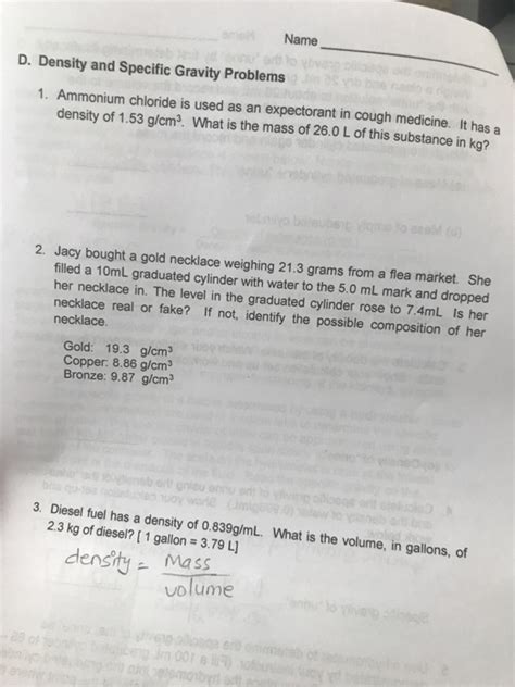 Solved Name D Density And Specific Gravity Problems Chegg