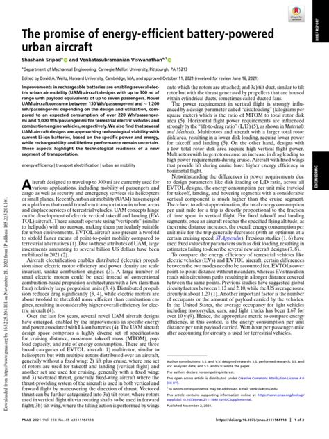Pnas The Promise Of Energy Efficient Battery Powered Urban Aircraft