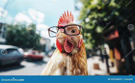 Funny Chicken Wearing Eyeglasses Standing On A City Street The Comical