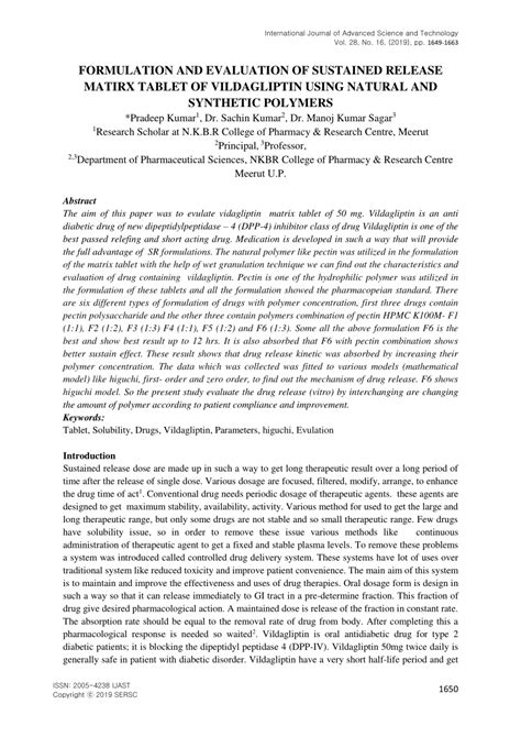 Pdf Formulation And Evaluation Of Sustained Release Matirx Tablet Of Vildagliptin Using