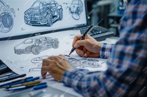 Design Engineer Focused On Creating Detailed Drawing Of Car Part In Automotive Industry