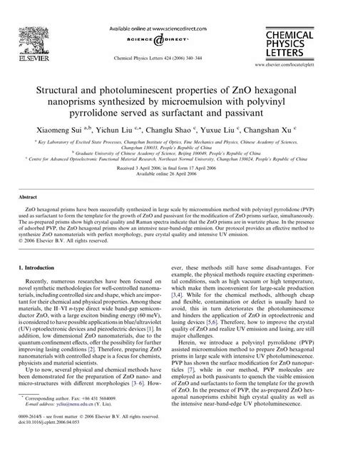 Pdf Structural And Photoluminescent Properties Of Zno Hexagonal Nanoprisms Synthesized By