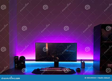 Modern Gamer Computer Desk Setup With RGB Lights On The Background PC Computer Stock