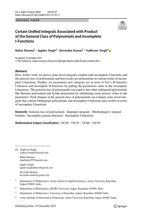 Pdf Certain Unified Integrals Associated With Product Of The General Class Of Polynomials And
