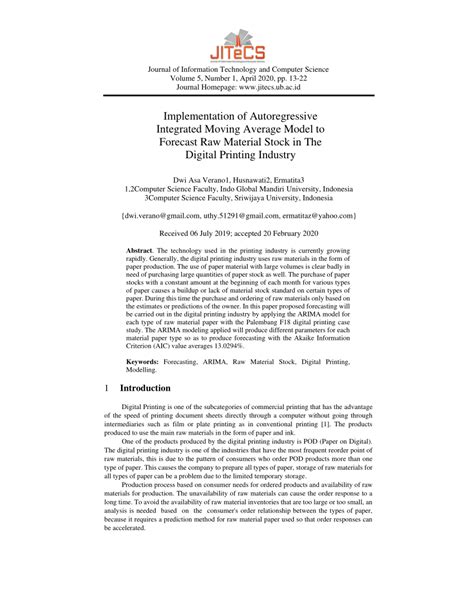Pdf Implementation Of Autoregressive Integrated Moving Average Model To Forecast Raw Material