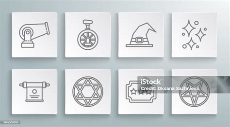 세트 라인 마법 스크롤 외발 자전거 또는 한 바퀴 자전거 다윗의 별 티켓 원의 오각형 마녀 모자 마법의 반짝이와 대포 아이콘이있는 스파클 스타 벡터 1에 대한 스톡 벡터