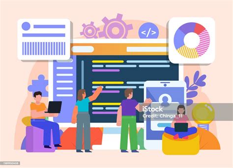 웹 데스크톱 코딩 소프트웨어 개발 팀 에이전시 사람들의 그룹은 큰 화면 전화 근처에 서 일러스트레이션에 대한 스톡 벡터 아트 및 기타 이미지 Istock