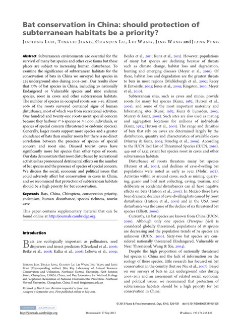 Pdf Bat Conservation In China Should Protection Of Subterranean