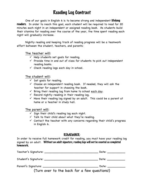 Reading Log Contract Template English 6 Fill Out Sign Online And Download PDF Templateroller