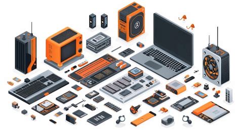 An Isometric Display Of Various Technology And Computer Components