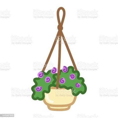 보라색 꽃과 함께 매달린 식물 냄비 만화 스타일의 손으로 그린 그림 흰색 배경에 격리된 벡터입니다 0명에 대한 스톡 벡터 아트 및 기타 이미지 Istock