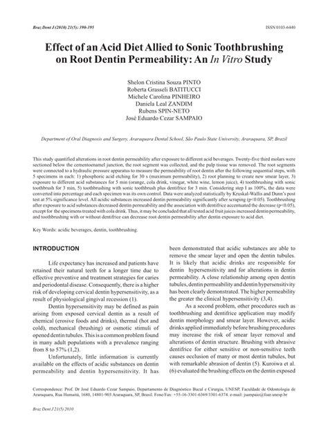 Pdf Effect Of An Acid Diet Allied To Sonic Toothbrushing On Root Dentin Permeability An In