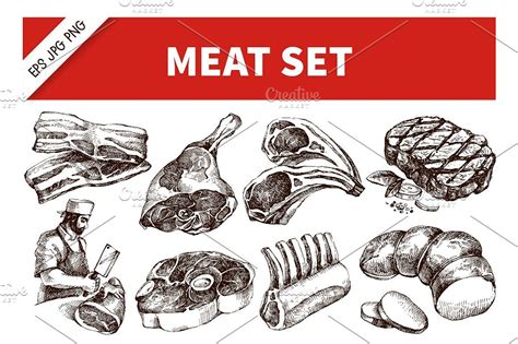 hand drawn sketch meat vector set how to draw hands graphic