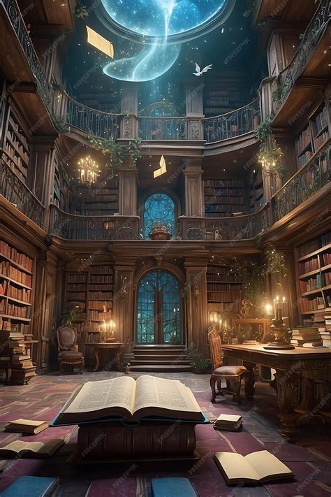 Premium Photo | A magical library filled with floating books and enchanted manuscripts