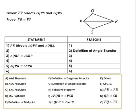 solved given overline pr bisects ∠ qps and ∠ qrs prove overline pq≌ overline ps a aas