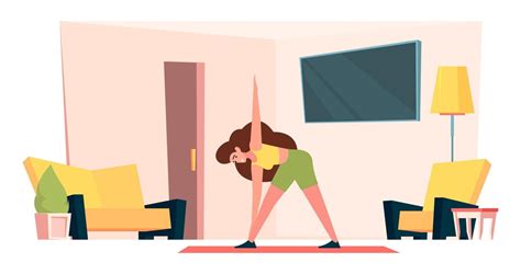 피트 니스 인테리어 거실 인테리어 화려한 벡터 평면 배경 그림에서 스포츠 체조 스트레칭 운동을 만드는 활성 사람들 프리미엄 벡터