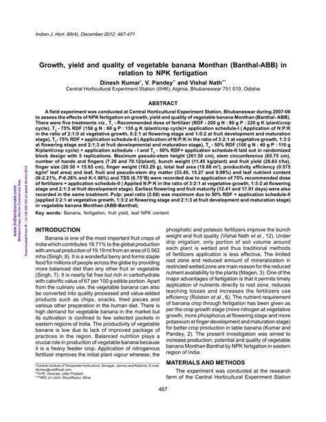 Pdf Growth Yield And Quality Of Vegetable Banana Monthan Banthal Abb In Relation To Npk