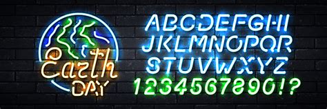 벽 배경에 알파벳 글꼴을 쉽게 변경할 수있는 지구의 날의 벡터 현실적인 고립 된 네온 사인 0명에 대한 스톡 벡터 아트 및 기타 이미지 Istock