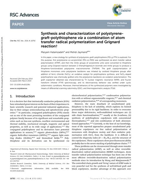 Pdf Synthesis And Characterization Of Polystyrene Graft Polythiophene Via A Combination Of