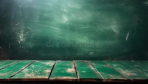 Empty Green Chalkboard With Scratched Surface And Weathered Wooden Planks In Front Vintage