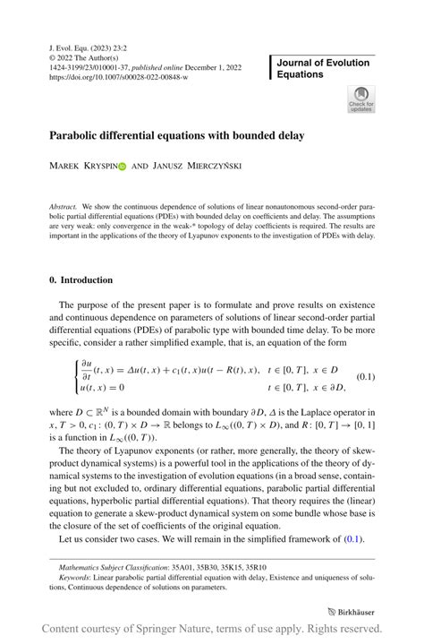 Pdf Parabolic Differential Equations With Bounded Delay