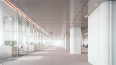 Modern Office Corridor With Glass Partitions And Bright Light Stock