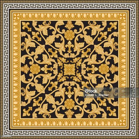 바로크 스크롤 로제트 황금 그리스 키 패턴 구불구불한 테두리 프리즈 검은 배경에 조각 된 프레임 금 금속에 대한 스톡 벡터 아트