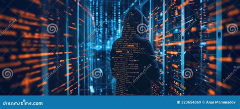 A Cybersecurity Hacker In A Data Center With A Digital Code Overlay Is Depicted In The Image