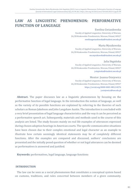 Pdf Law As Linguistic Phenomenon Performative Function Of Language