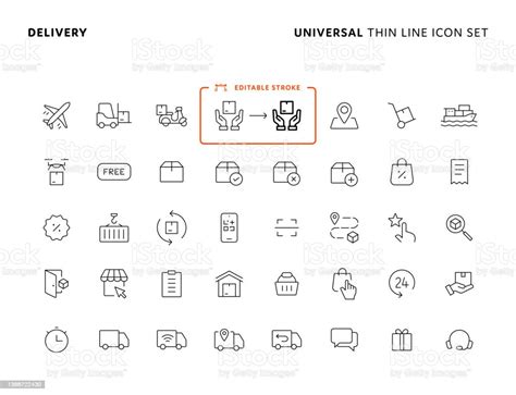 편집 가능한 스트로크로 전송 범용 씬 라인 아이콘 세트 아이콘은 웹 페이지 모바일 앱 Ui Ux 및 Gui 디자인에 적합합니다