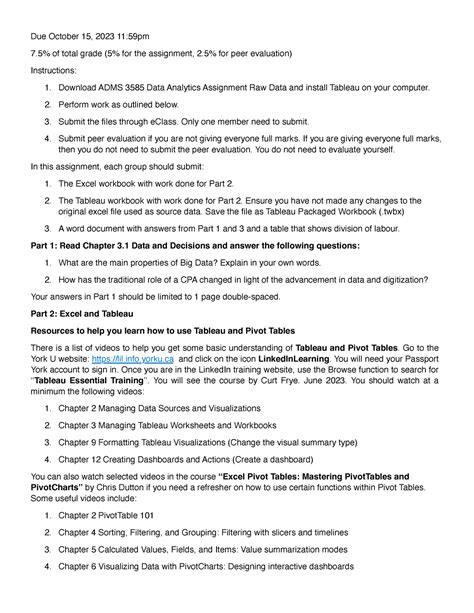 Fall 2023 Adms 3585 Data Analytics Assignment Instructions Due