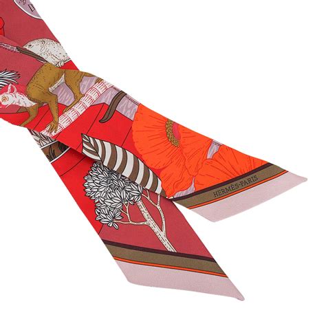 Hermes Twilly Precious Paradise Rouge Bronze And Orange Silk Scarf Set
