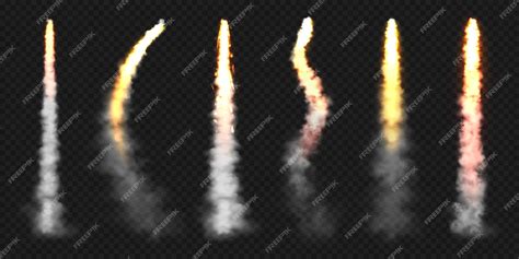 현실적인 우주 로켓 발사 트레일 화재 버스트 폭발 미사일 또는 총알 흔적 제트 항공기 트랙 연기 구름 안개 증기 흐름 벡터 그림 프리미엄 벡터