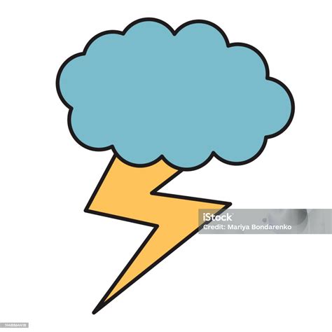 Cloud With Lightning Outline Style 70s Trending Vector Stock