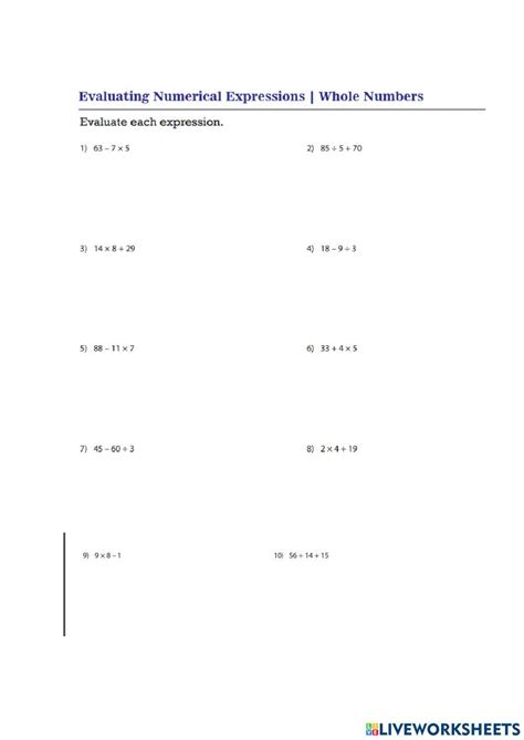 Numerical Expressions Involving Whole Numbers Worksheet Live Worksheets