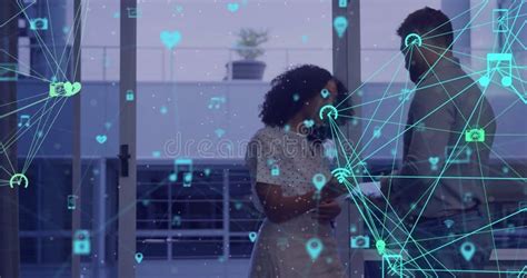 Animation Of Network Of Connections With Icons Over Diverse Colleagues