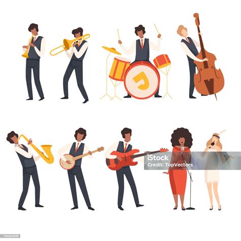 재즈 밴드 그룹 음악가 노래와 트럼펫 연주 밴조 색소폰 트롬본 드럼 기타 더블베이스 벡터 일러스트 남자에 대한 스톡 벡터 아트 및 기타 이미지 Istock