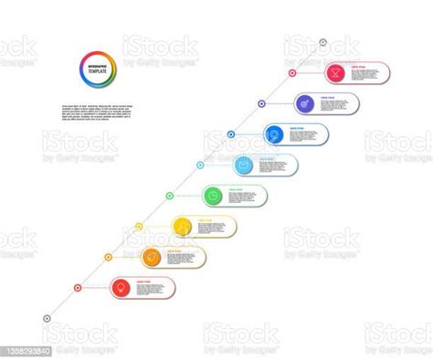 흰색 배경에 둥근 요소가 있는 대각선 타임라인 인포그래픽입니다 마케팅 라인 아이콘이 있는 현대적인 비즈니스 프로세스 시각화 벡터 일러스트 템플릿을 쉽게 편집하고 사용자 정의