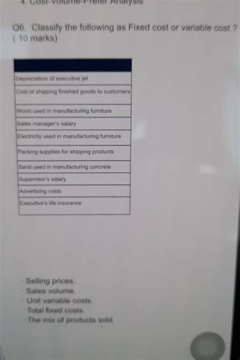Solved Q6 Classify The Following As Fixed Cost Or Variable