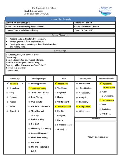 Lesson Plan English G1 U2 L2 Pdf Lesson Plan Cognitive Psychology
