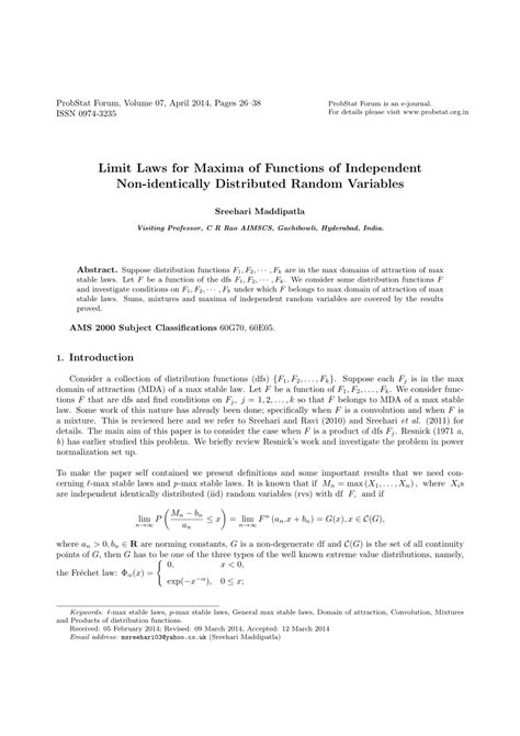 Pdf Limit Laws For Maxima Of Functions Of Independent Non Identically