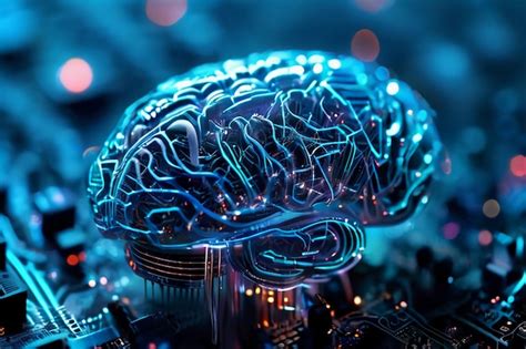 Human Brain Glowing From Processor Showing Neural Network Printed Circuit Of Big Data Premium