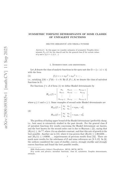 Pdf Symmetric Toeplitz Determinants Of Some Classes Of Univalent Functions