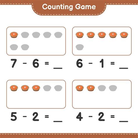 게임을 세고 파이의 수를 세고 결과를 씁니다 교육용 어린이 게임 인쇄 가능한 워크 시트 프리미엄 벡터